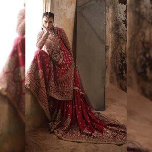 Custom Stitch Red Pakistan Indian Women Wedding Bridal Maxi Dress Heavy ...