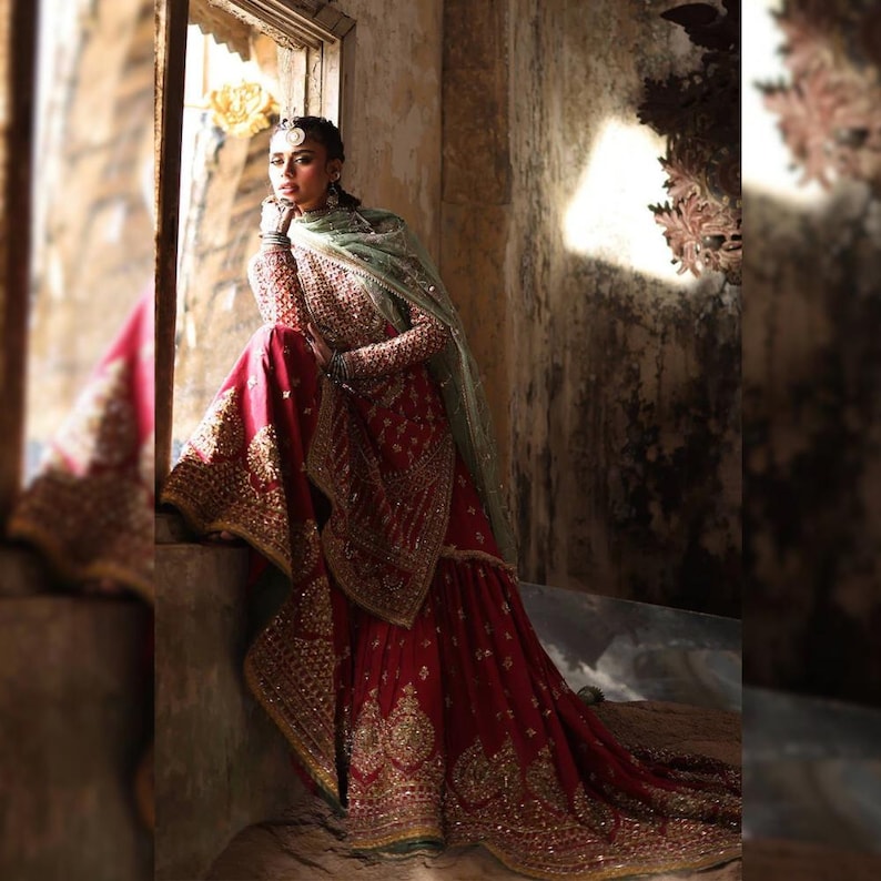 Custom Stitch Red Pakistan Indian Women Wedding Bridal Maxi Dress Heavy ...