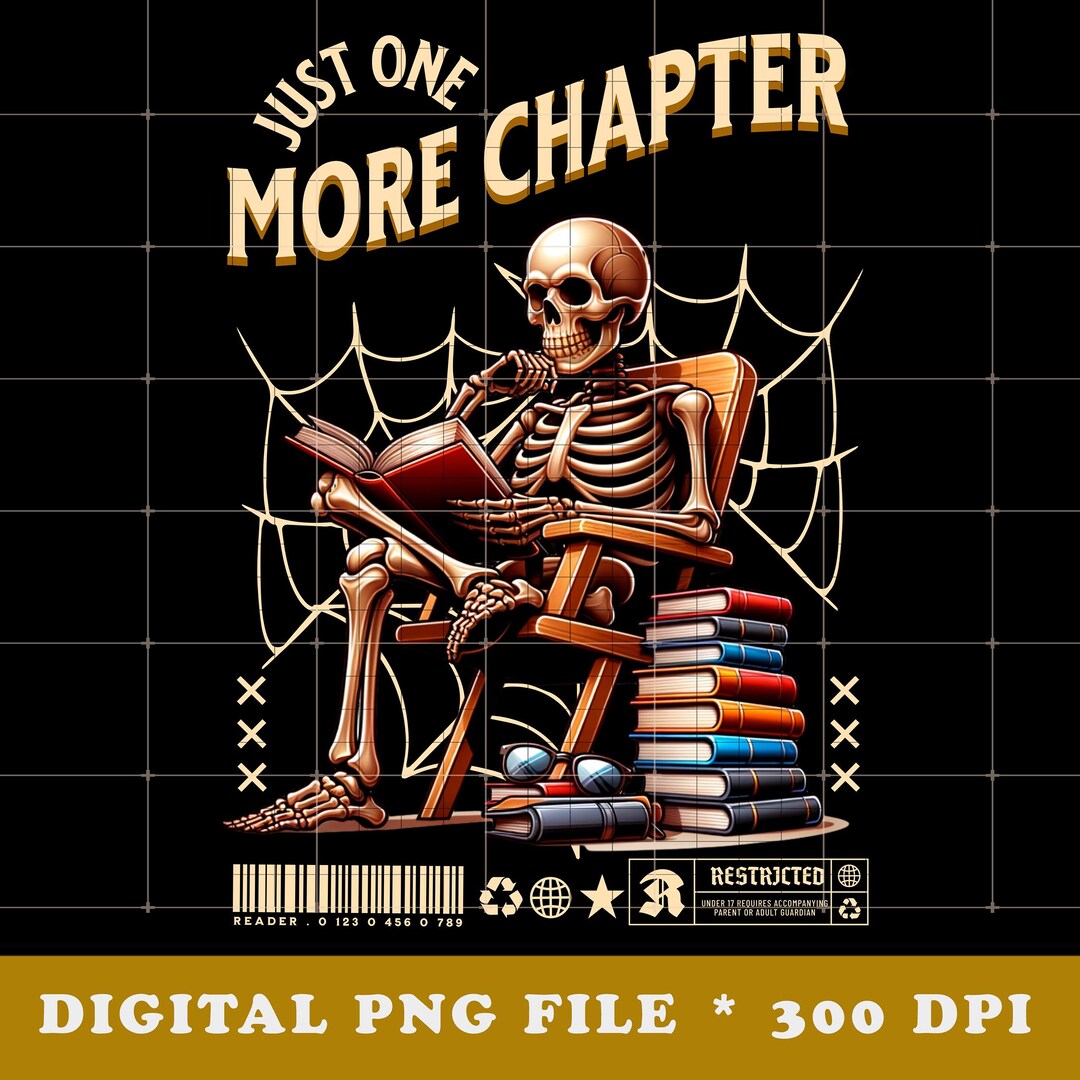 Just One More Chapter PNG | Skeleton Reading Book Stack | Bookish ...