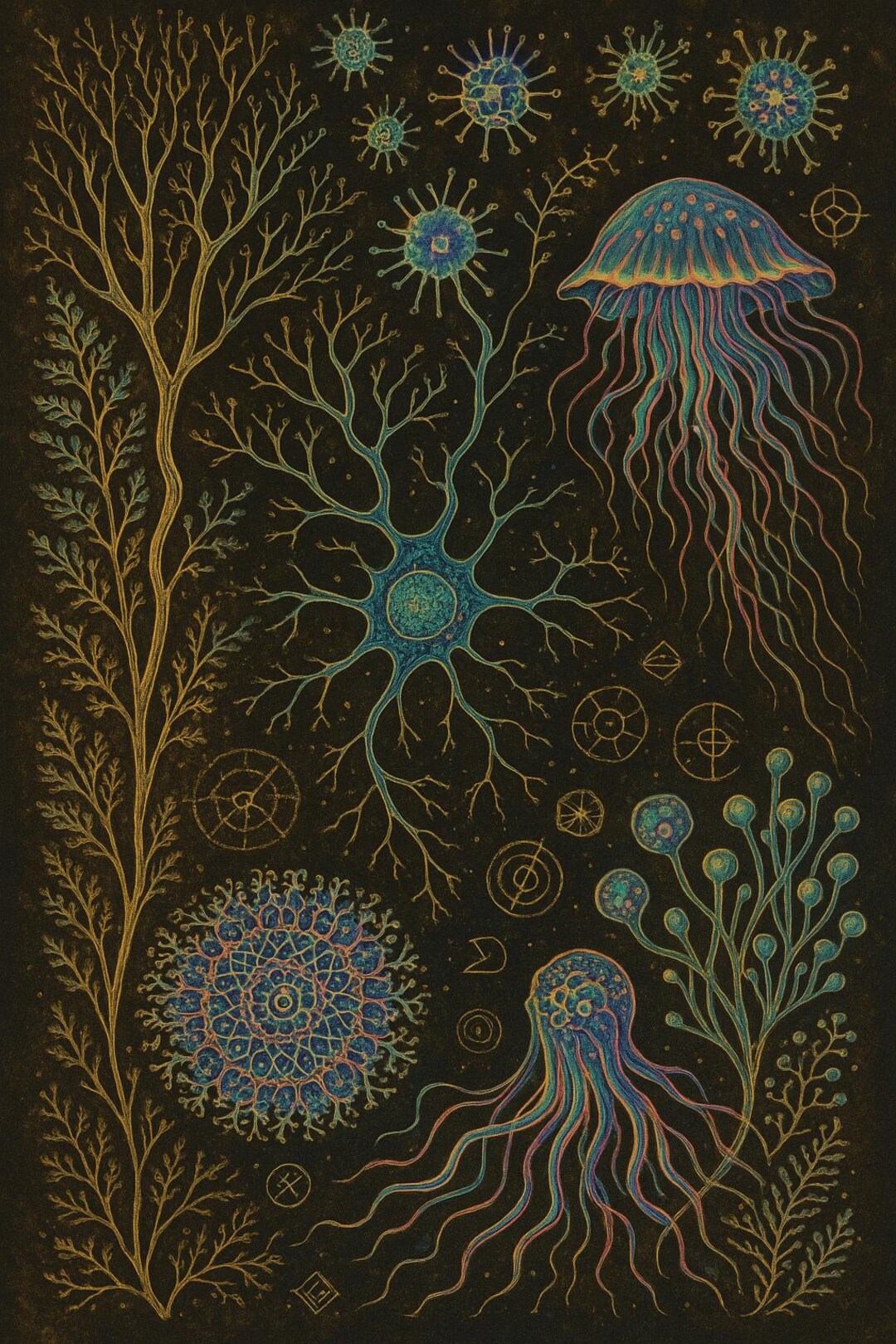 Biology Poster Colorful Anatomy Unique Psychedelic Neurons & Jellyfish ...