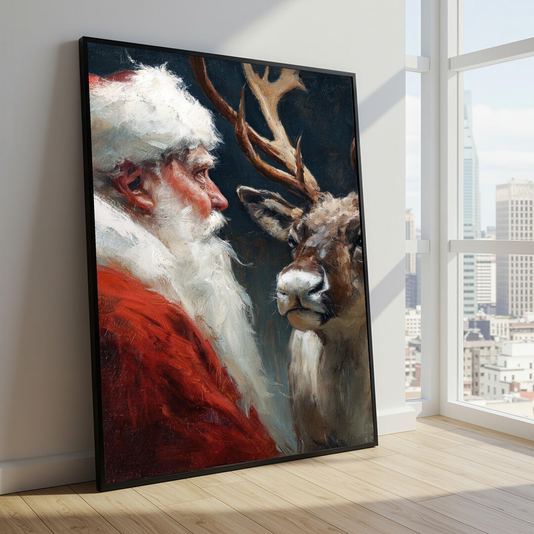 Vintage Santa Claus and Reindeer Canvas, Christmas Holiday Wall Art ...