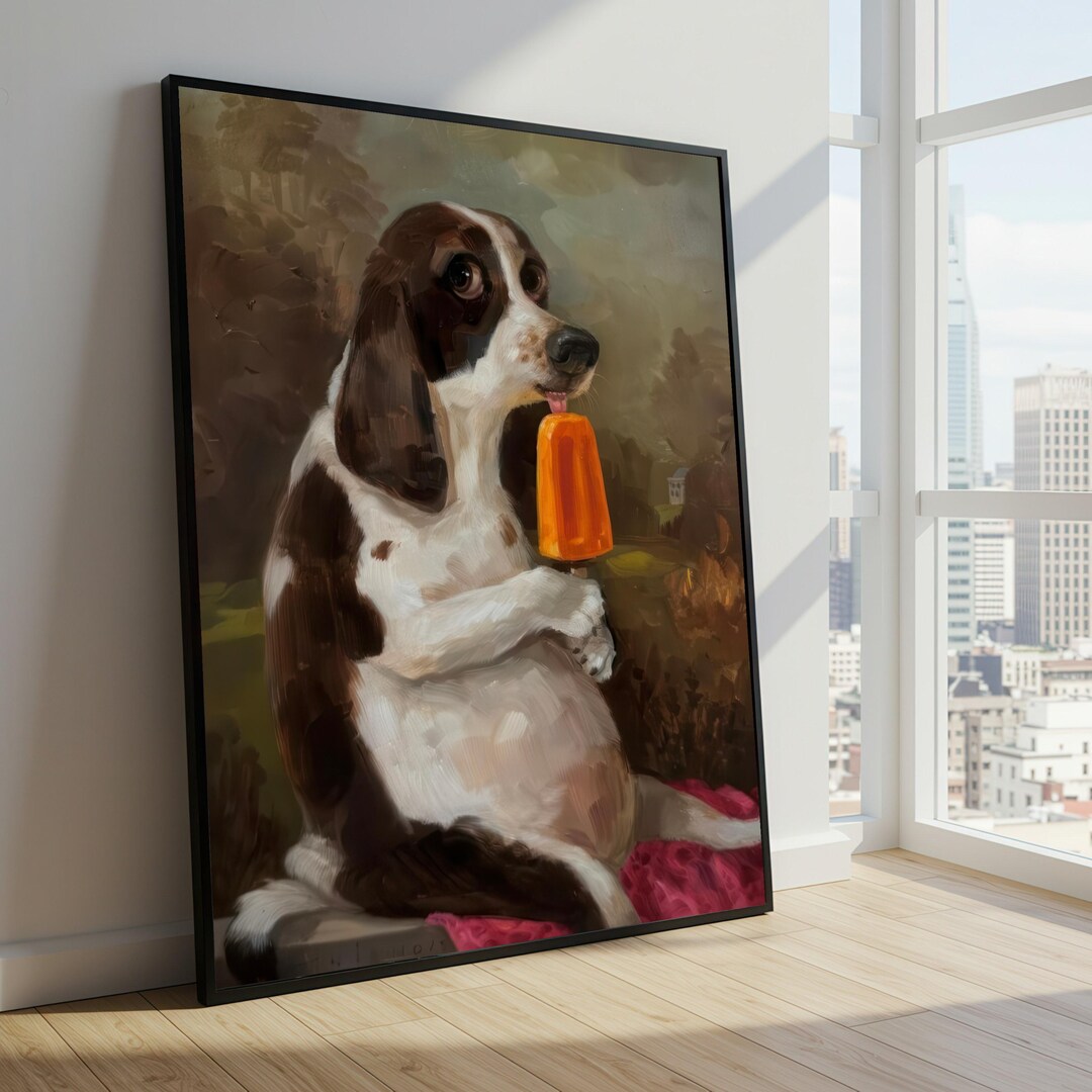 Whimsical Dog Eating Popsicle Canvas Wall Art, Funny Animal Painting ...