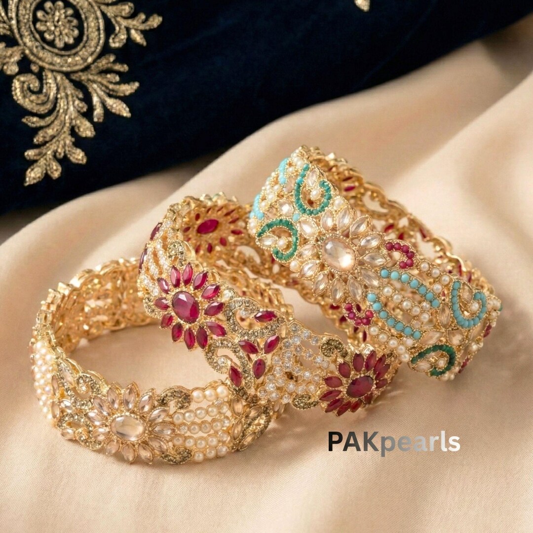 Nauratan Pearl Single Bangle Multi Color Openable Gold Tone Pakistani ...