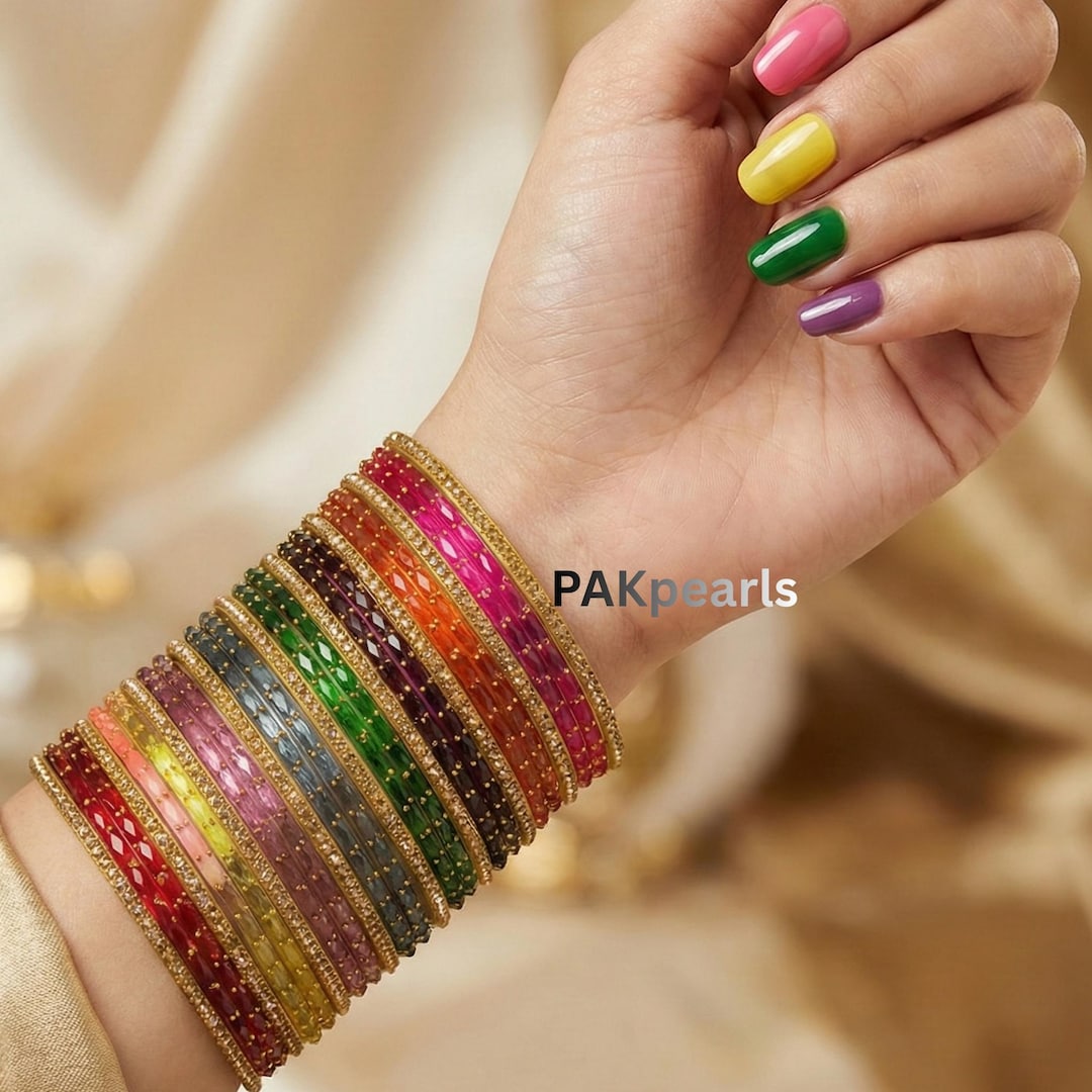 Raindrop Glass Bangle Set: Indian Wedding Jewelry, Gold Detail (26-pcs ...