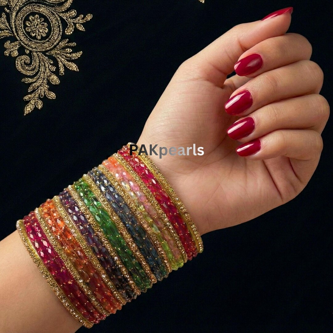 Raindrop Glass Bangle Set: Indian Wedding Jewelry, Gold Detail (26-pcs ...