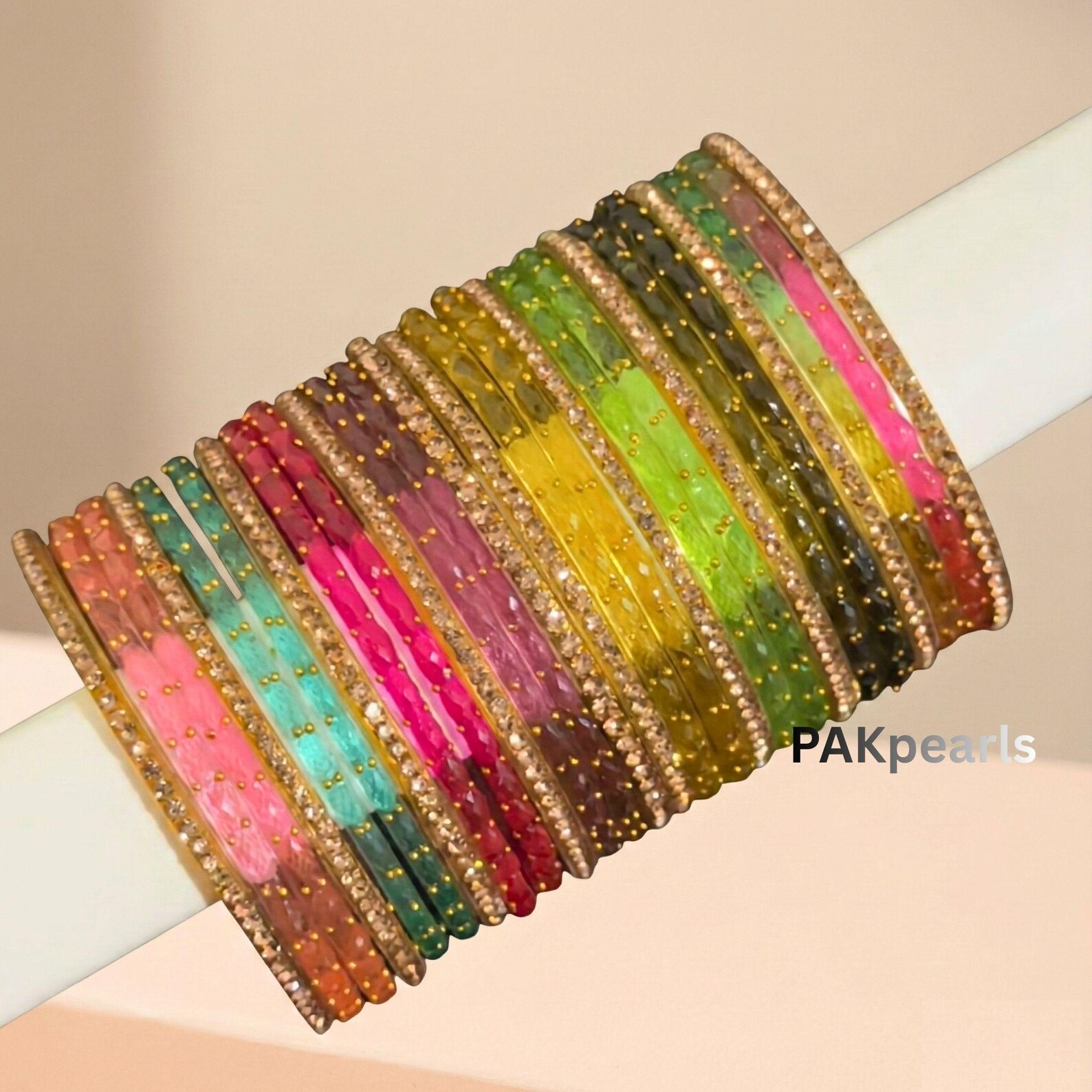 Raindrop Glass Bangle Set: Indian Wedding Jewelry, Gold Detail (26-pcs ...