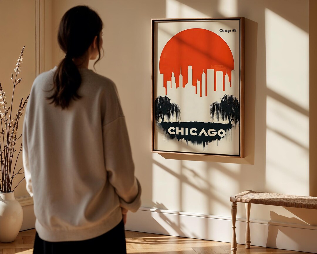 Chicago Skyline Art Print | Retro Red Sun, Urban Wall Decor (digital ...