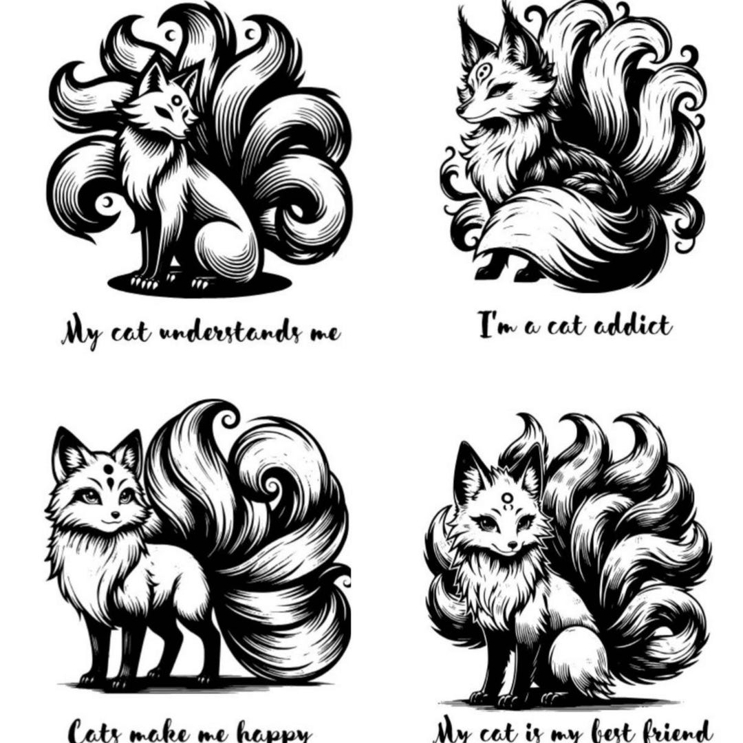 Kitsune Cat Art Bundle – 4 Black & White Kitsune Fox Designs – Digital ...
