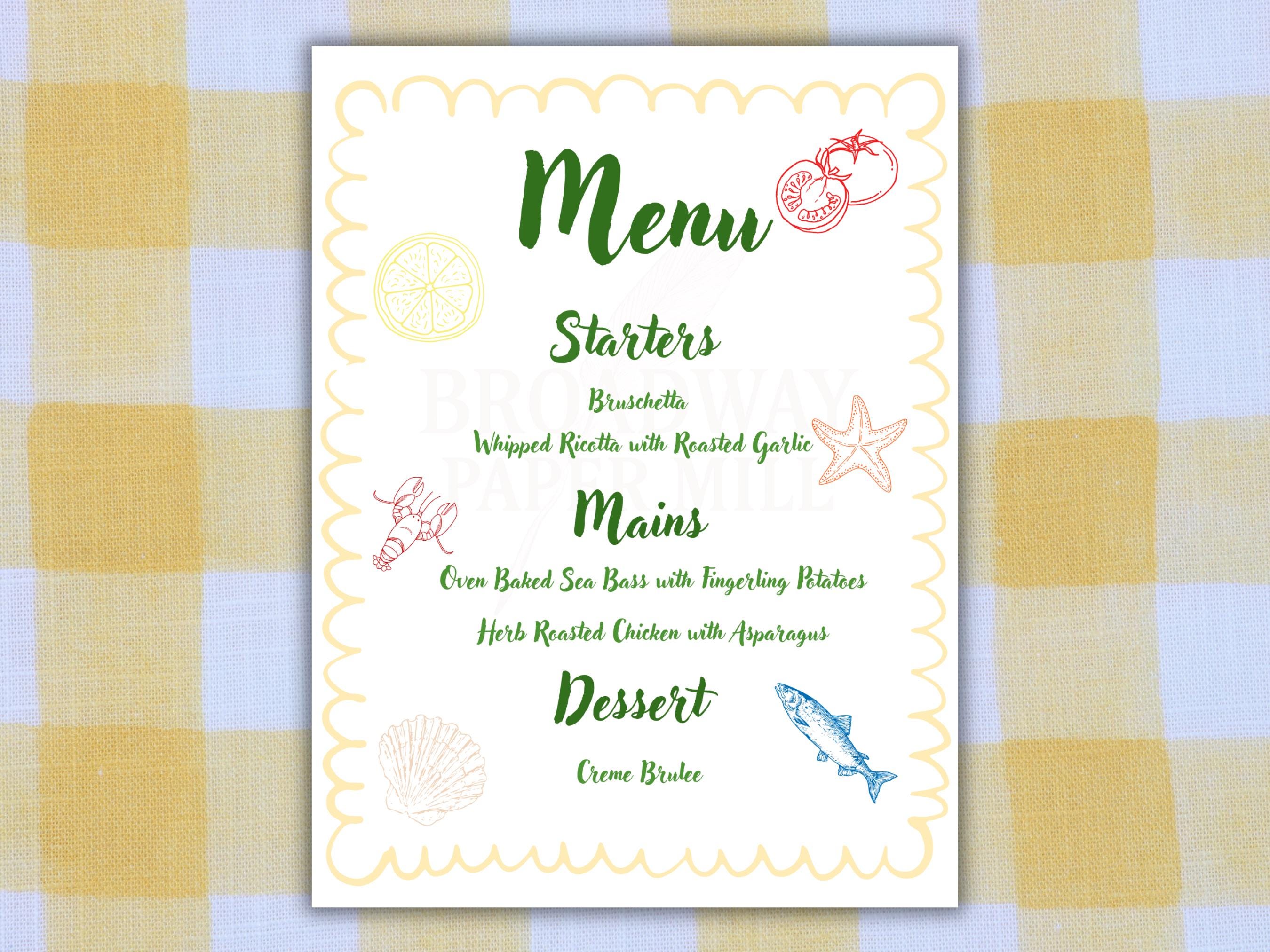 Coastal Summer Menu Template Printable Beach Dinner Party Menu Editable ...