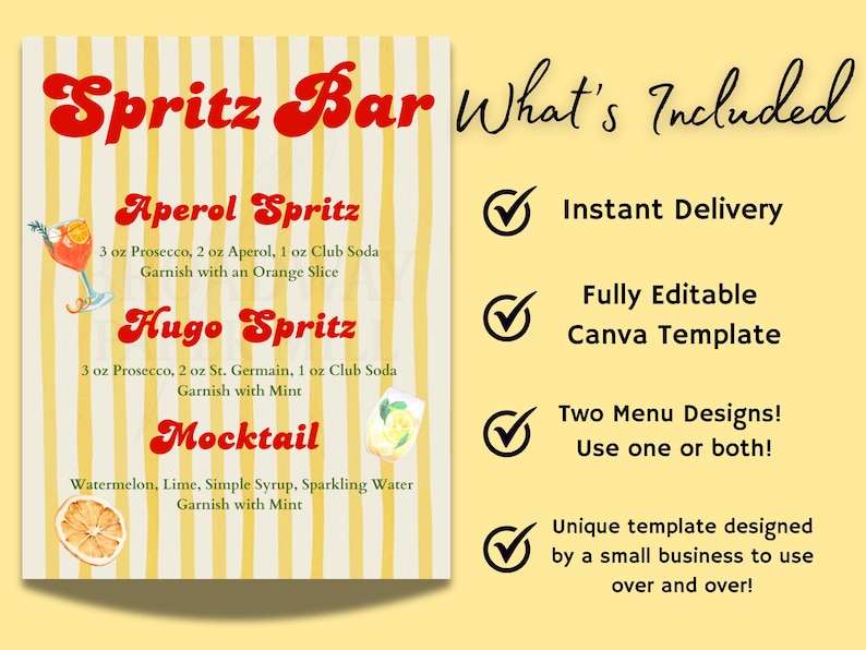 Spritz Bar Menu Printable Italian Summer Drink Sign Aperol Spritz Hugo ...