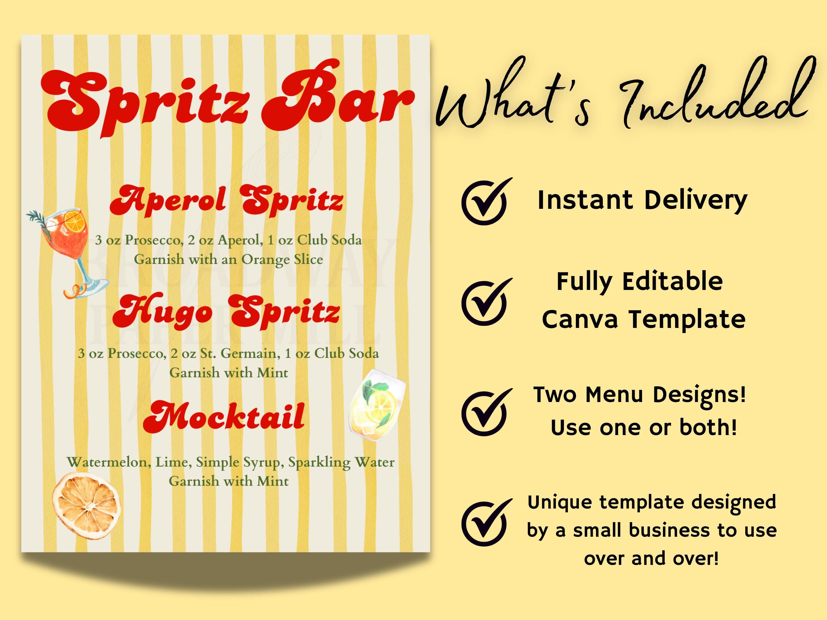 Spritz Bar Menu Printable Italian Summer Drink Sign Aperol Spritz Hugo ...