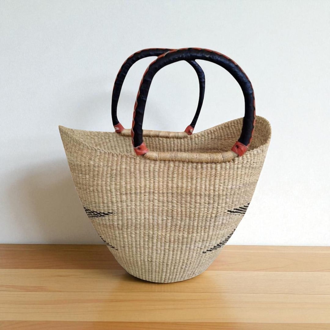 Handwoven Bolga Market Basket With Leather Handles – African Straw Tote ...