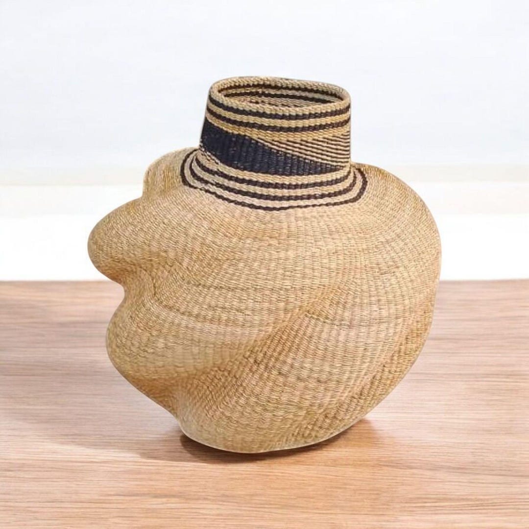Flower Pot Basket, Handwoven Bolga Wave Vase, Sculptural Ghana Planter ...