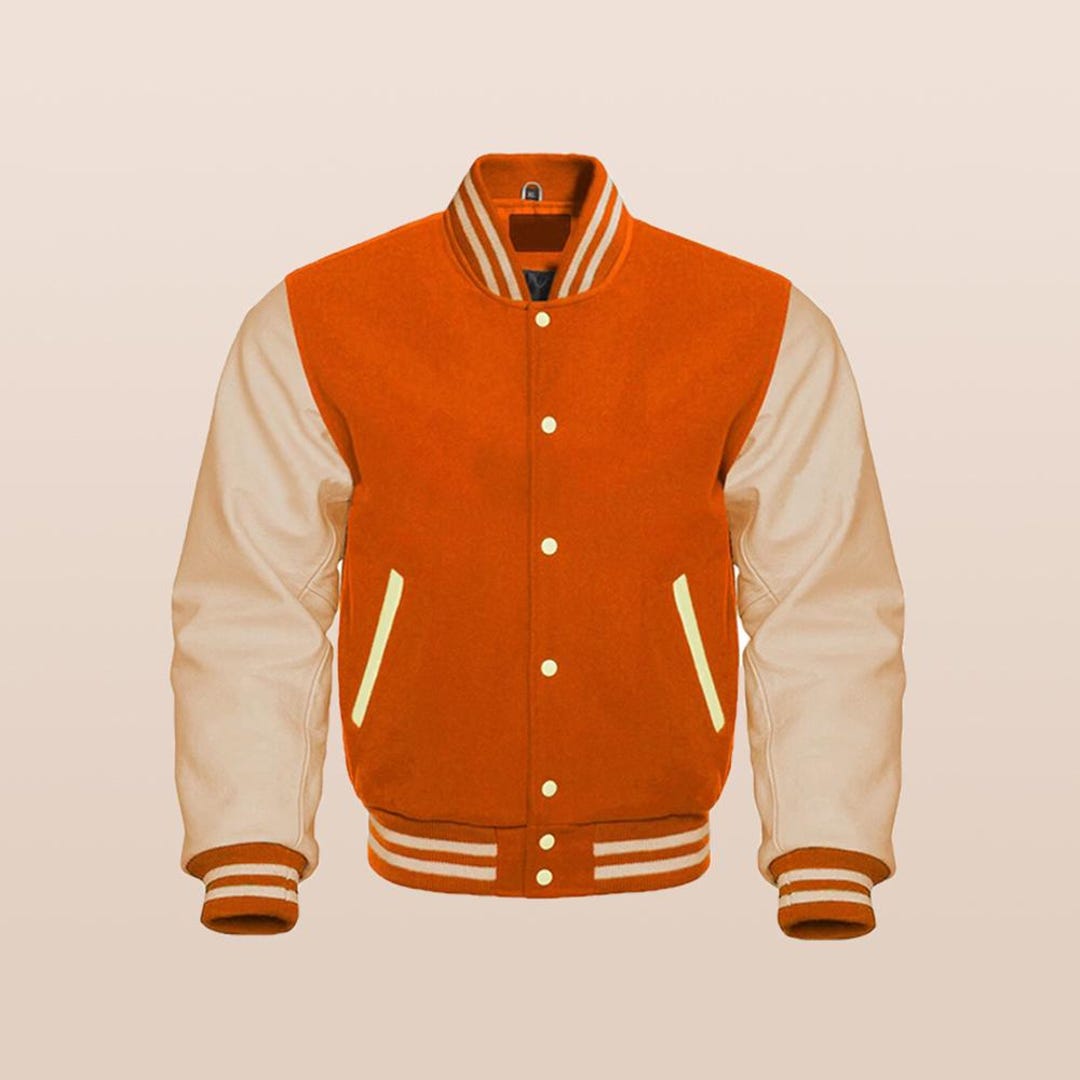 New Varsity Letterman Orange Wool Bomber With Cream Leather Sleeves ...