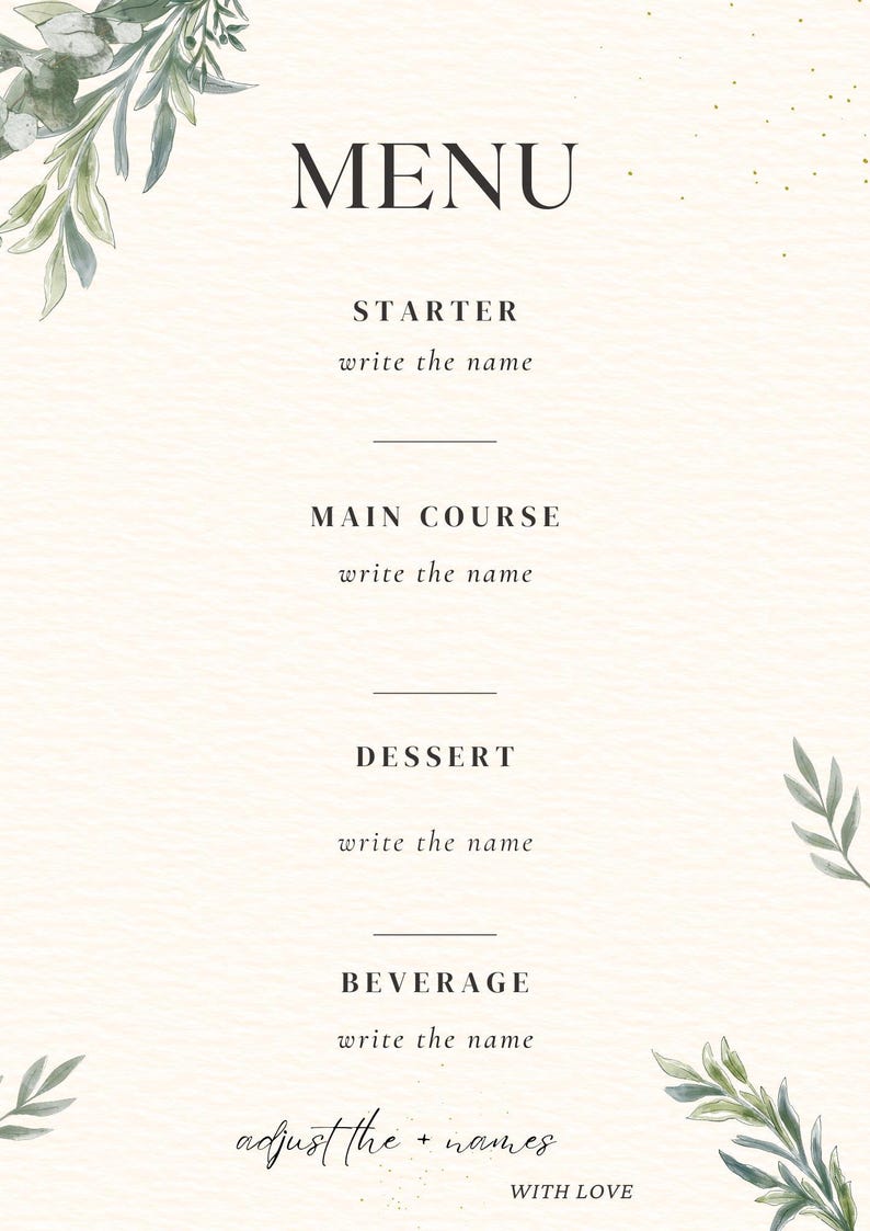 Elegant Printable Menu Template | Customizable Event PDF - Etsy