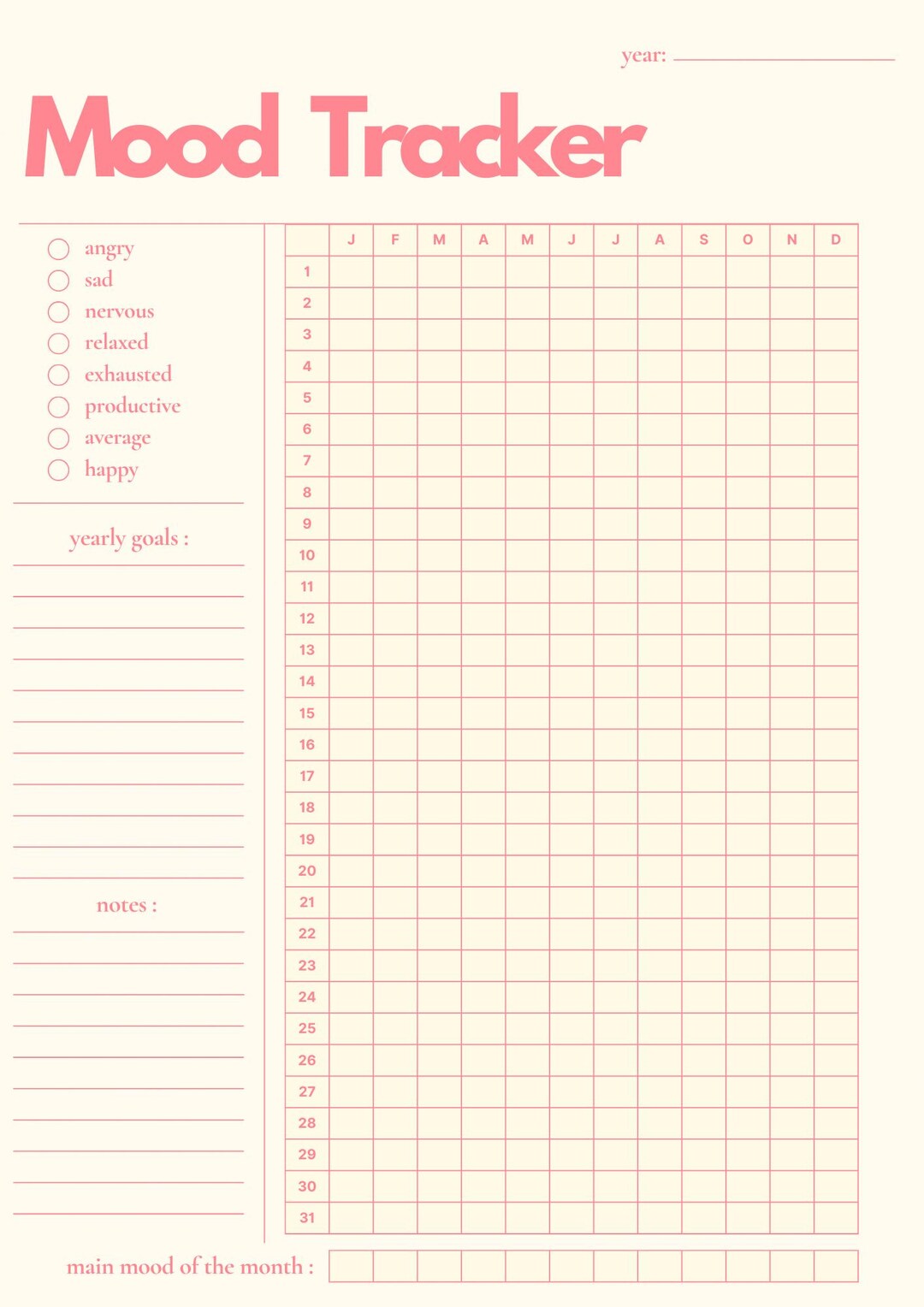 Printable Annual Mood Tracker • Mental Health, Self-care (instant ...