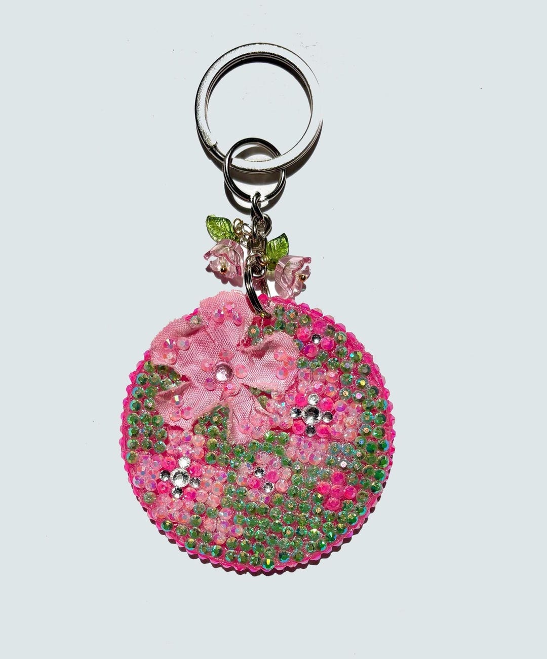 Pink & Green Pixelated Bedazzled Flowers on Acrylic Keychain, Pink Felt ...