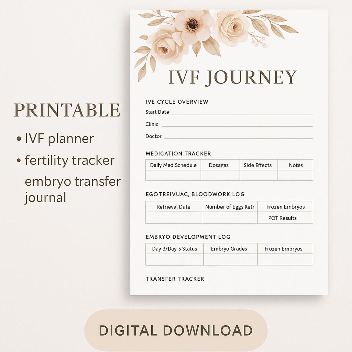 IVF Journey Planner | Printable Fertility Tracker | Floral Digital IVF ...