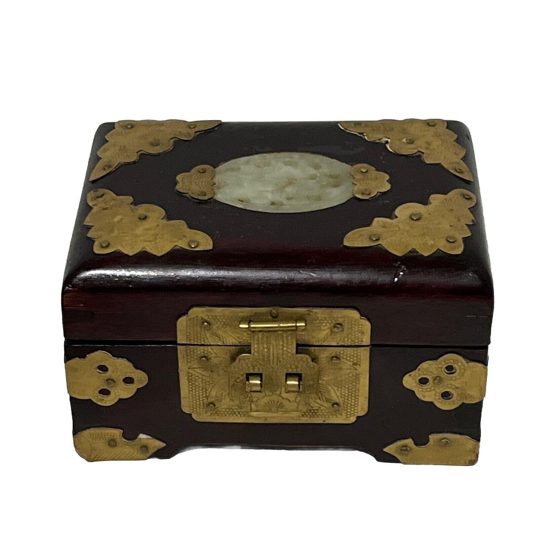 Antique Chinese Jewelry Box – Hand Carved Wood, Brass Trim, Jade Inlay ...