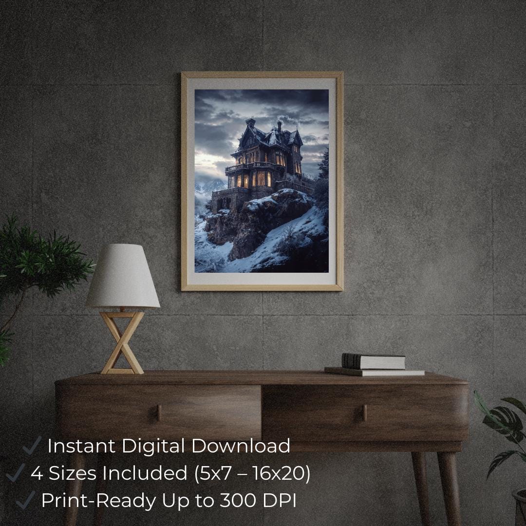 Snowy Haunted Manor Printable Wall Art • Gothic Winter House • Dark ...