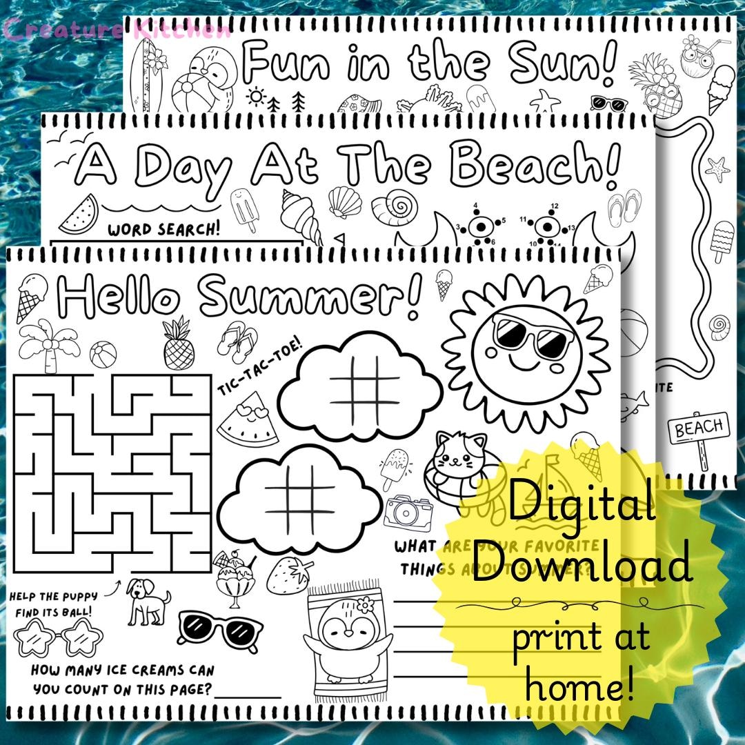 Hello Summer Kids Activity Placemat, Coloring Sheet, Digital Download ...
