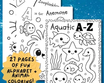 Aquatic A - Z Ocean Animals Alphabet Coloring Sheets for Kids, Alphabet ...