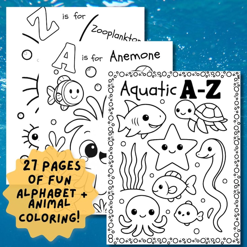 Aquatic A - Z Ocean Animals Alphabet Coloring Sheets for Kids, Alphabet ...