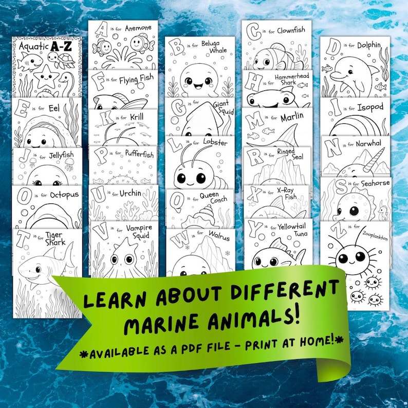 Aquatic A - Z Ocean Animals Alphabet Coloring Sheets for Kids, Alphabet ...