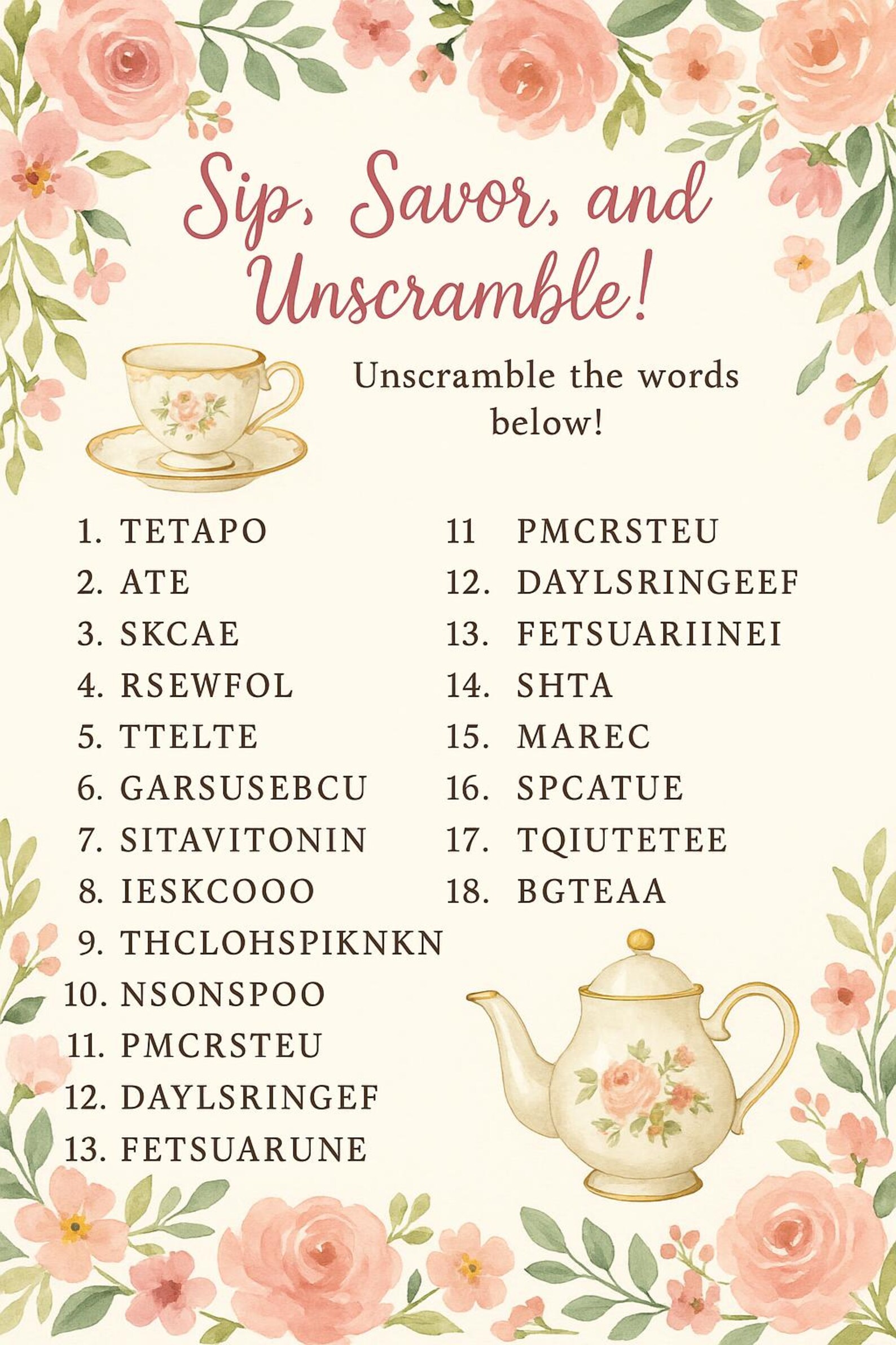 Tea Party Word Scramble - Etsy