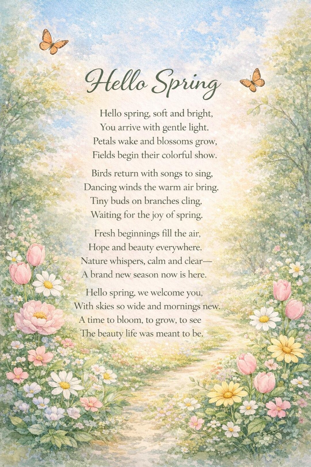 Hello Spring Poem Print | Watercolor Garden Path, Floral Inspirational ...