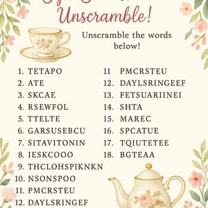 Tea Party Word Scramble - Etsy