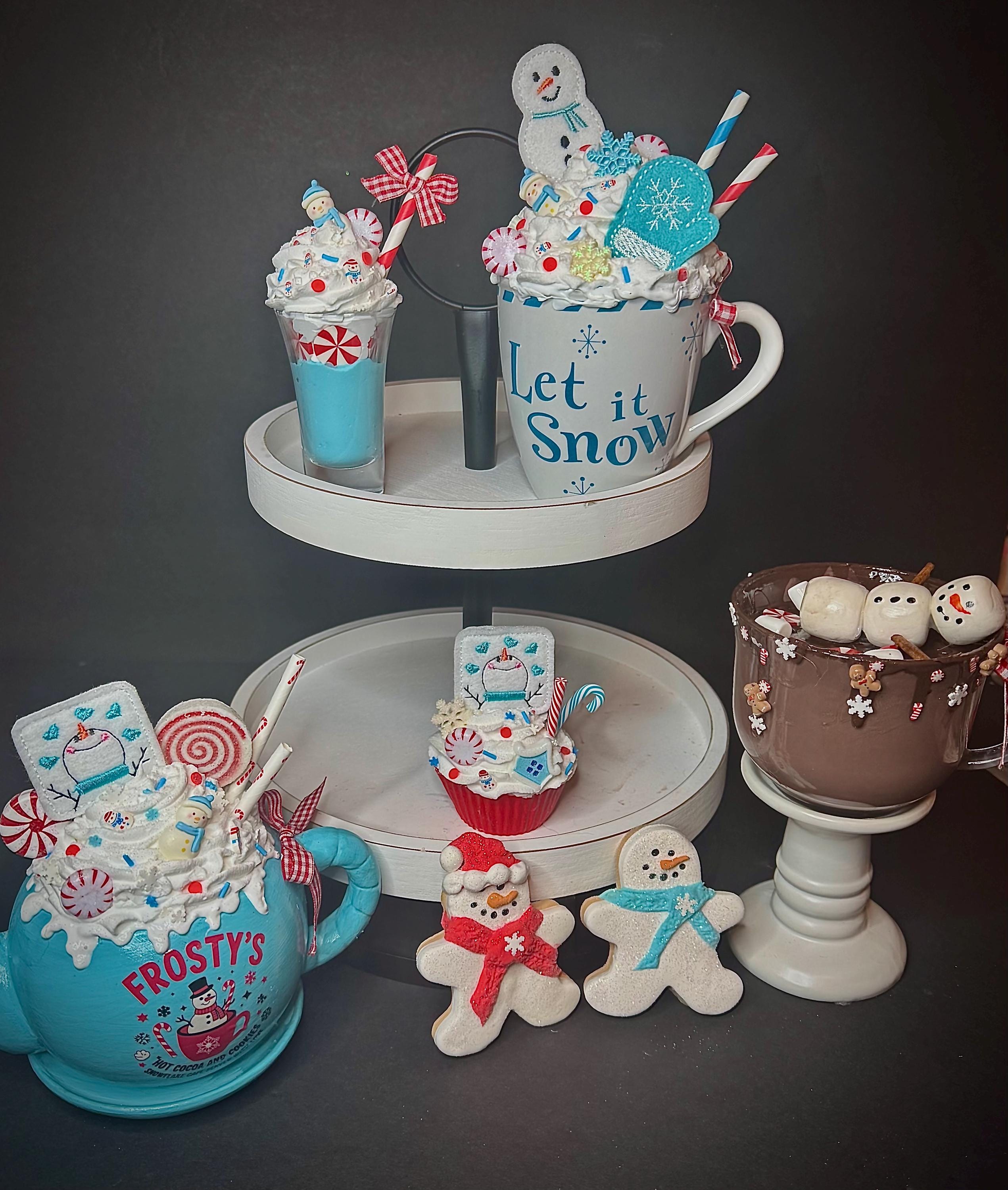 Blue and Red Snowman Tiered Tray Decor Set | Frosty Teapot, Peppermint ...