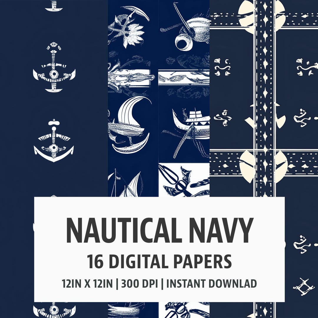 Nautical Navy - Digital Paper Pack - 16 Seamless Patterns - 12x12in ...