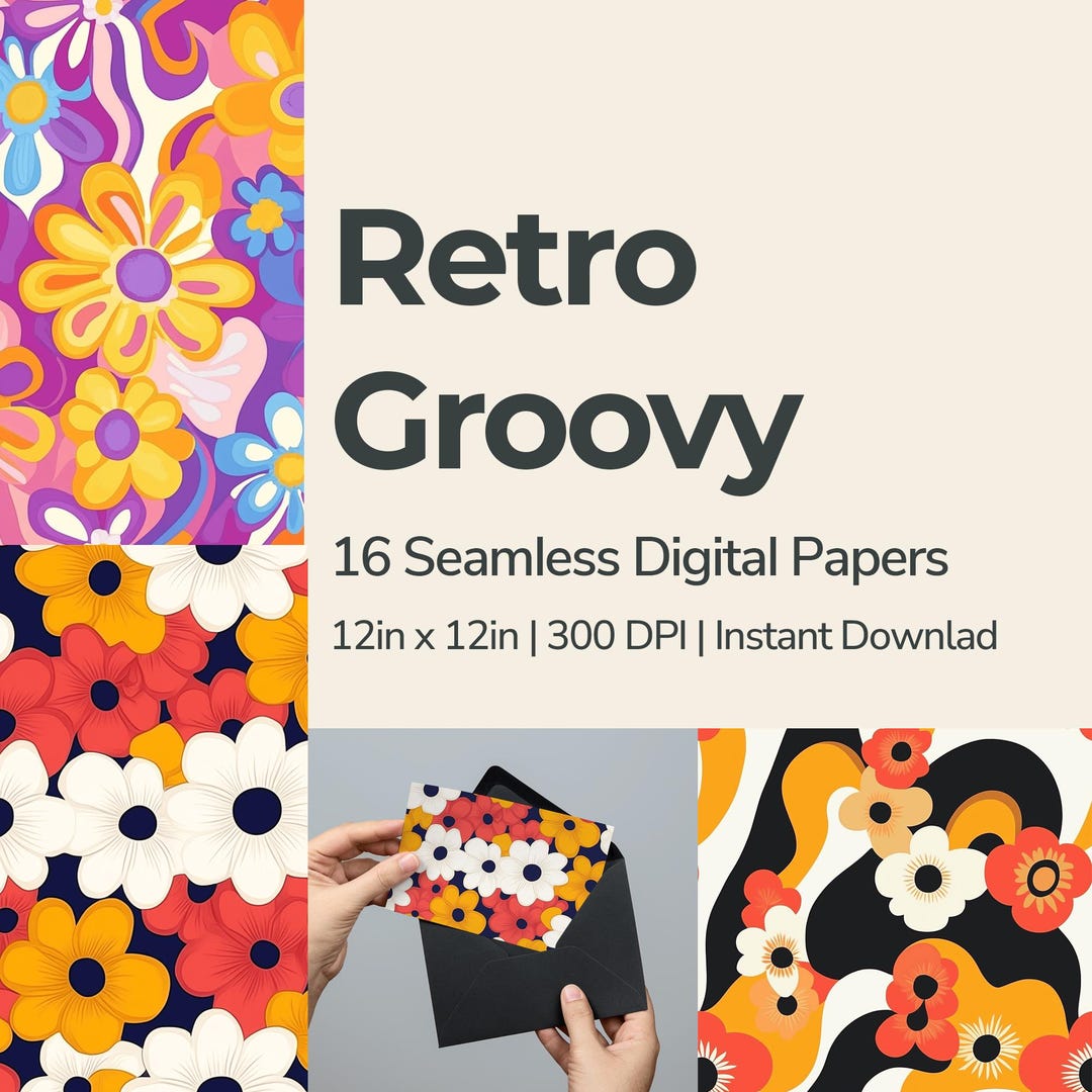 Retro Groovy Summer - Digital Paper Pack - 16 Seamless Patterns ...