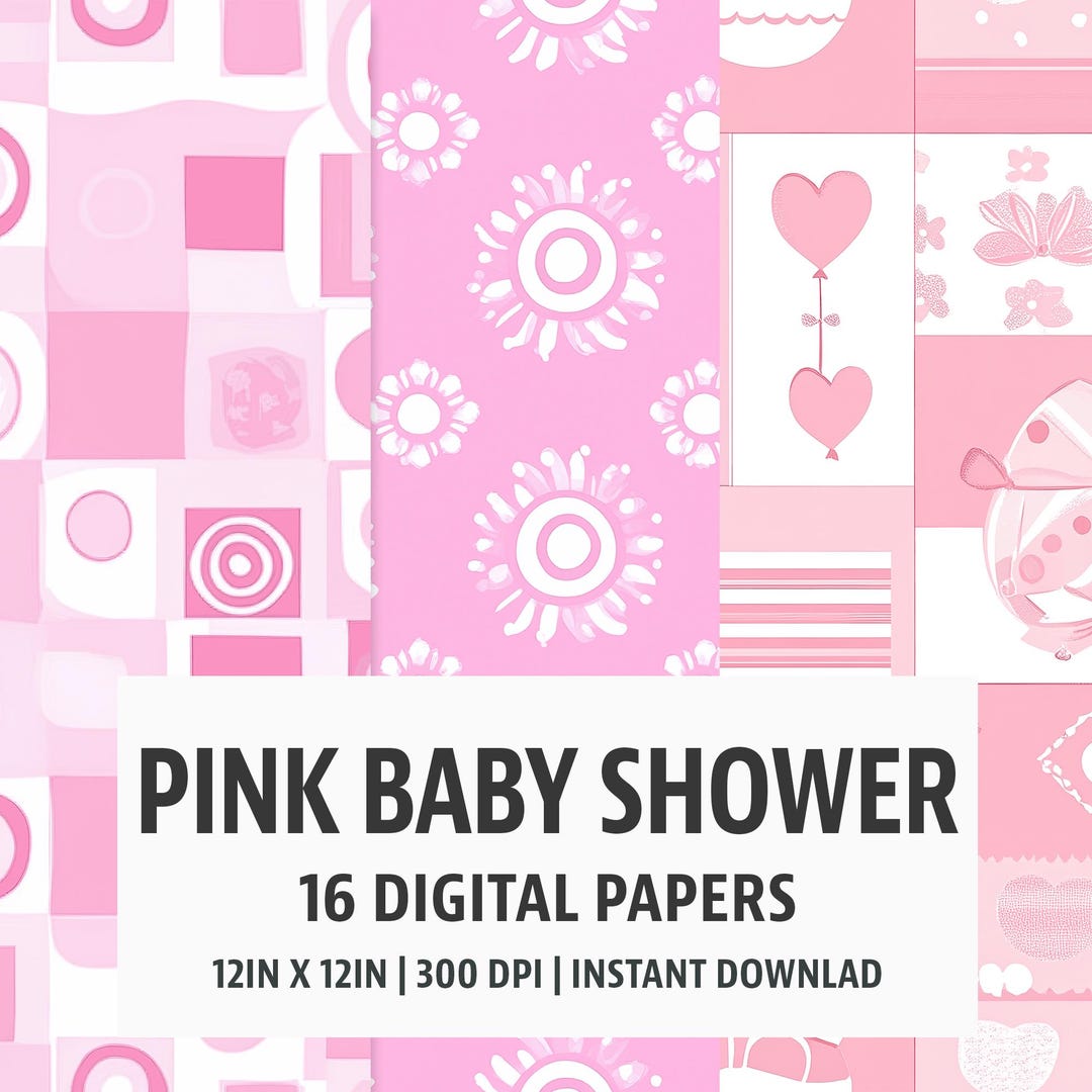 Pink Baby Shower - Digital Paper Pack - 16 Seamless Patterns - 12x12in ...