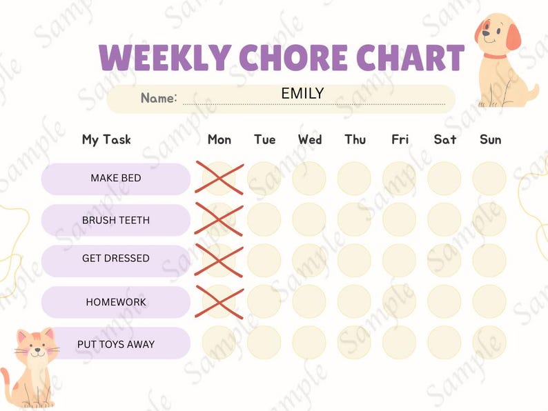 Printable Weekly Chore Chart for Kids - Cute Dog & Cat Design ...