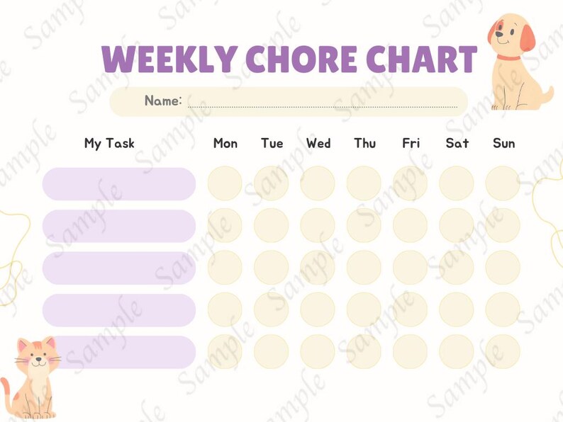 Printable Weekly Chore Chart for Kids - Cute Dog & Cat Design ...