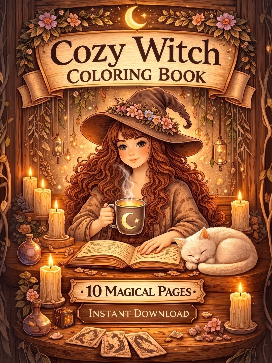 Cozy Witch Coloring Pages | Fantasy, Adult Coloring Book (digital ...