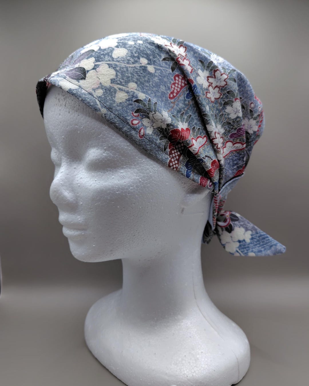 Blue Floral Silk Head Scarf Wrap – 2 Way Vintage Kimono Hair Wrap ...