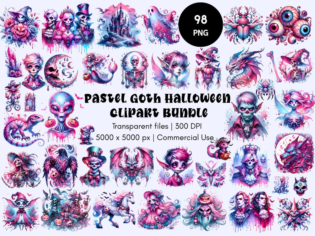 Pastel Goth Halloween Clipart Bundle, 98 Watercolor Sublimation, Spooky ...