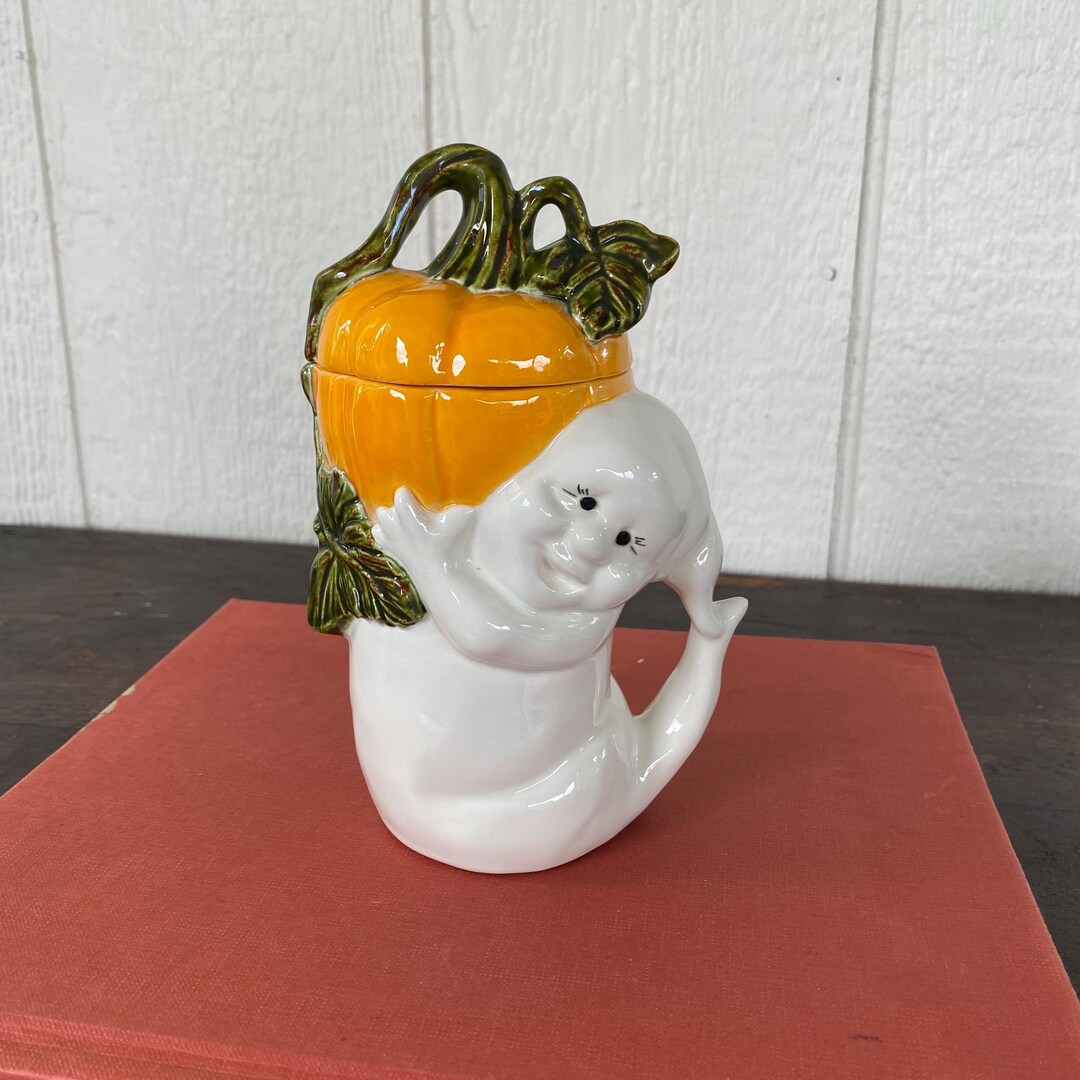 Vintage Ghost and Pumpkin Ceramic Jar – Halloween Candy Dish, Cute ...