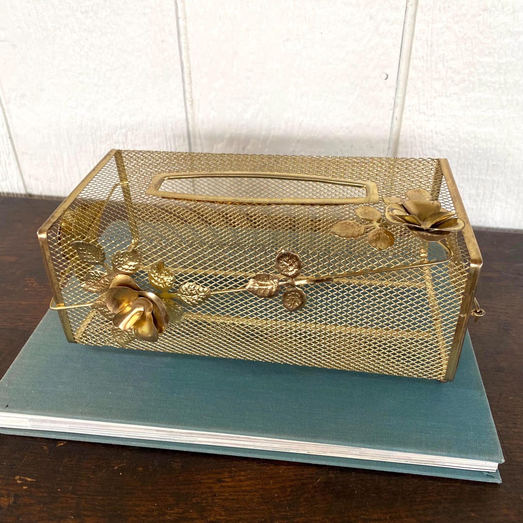 Vintage Hollywood Regency Gold Tone Metal Mesh Tissue Box Cover With ...