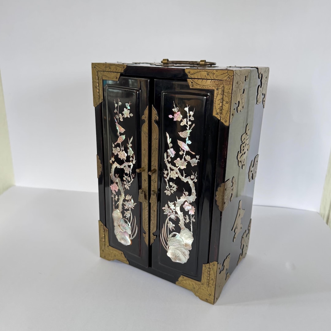Vintage Korean Mother of Pearl Jewelry Box, 5 Drawer Black Lacquer ...