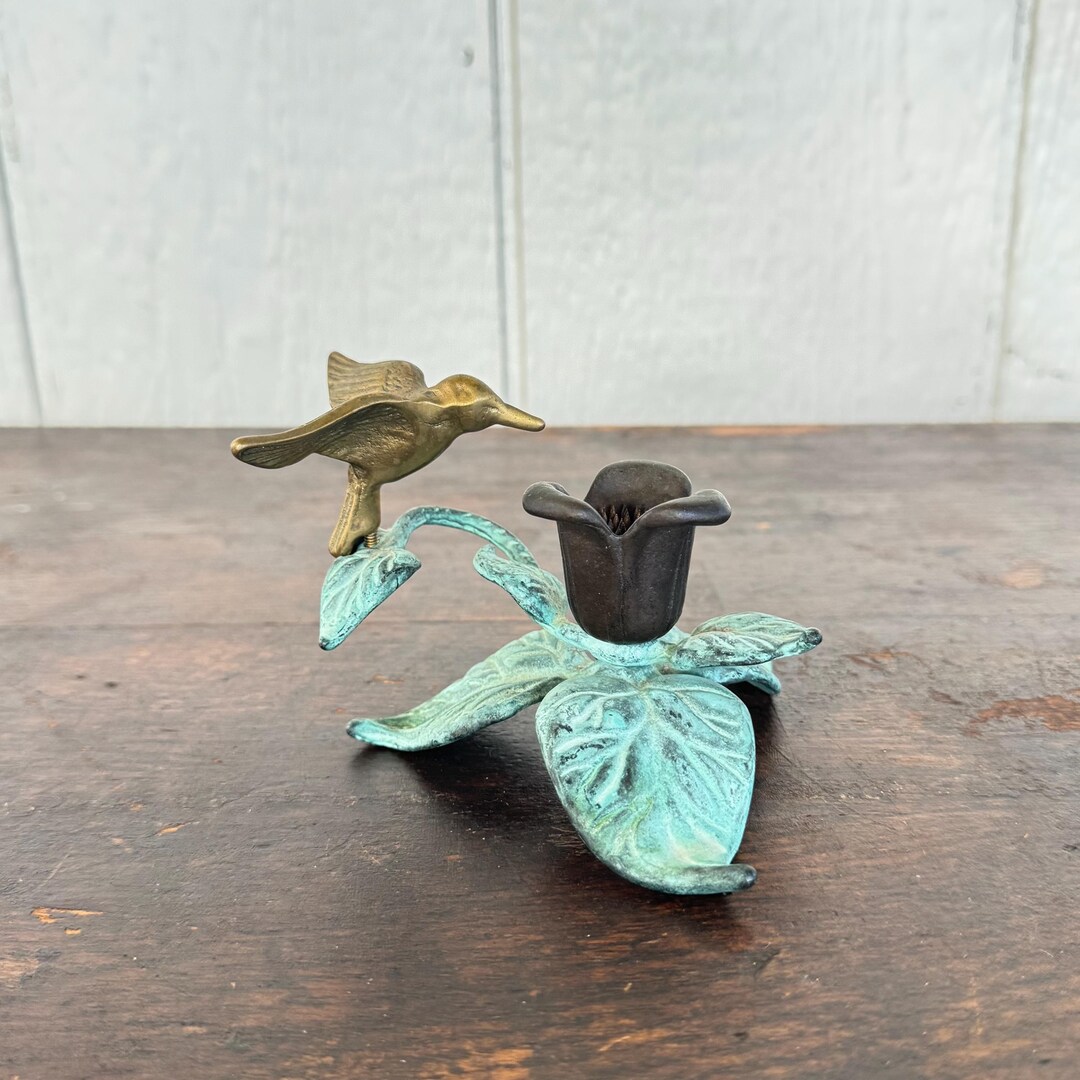 Vintage Brass Hummingbird Candle Holder – Verdigris Metal Ikebana Vase ...