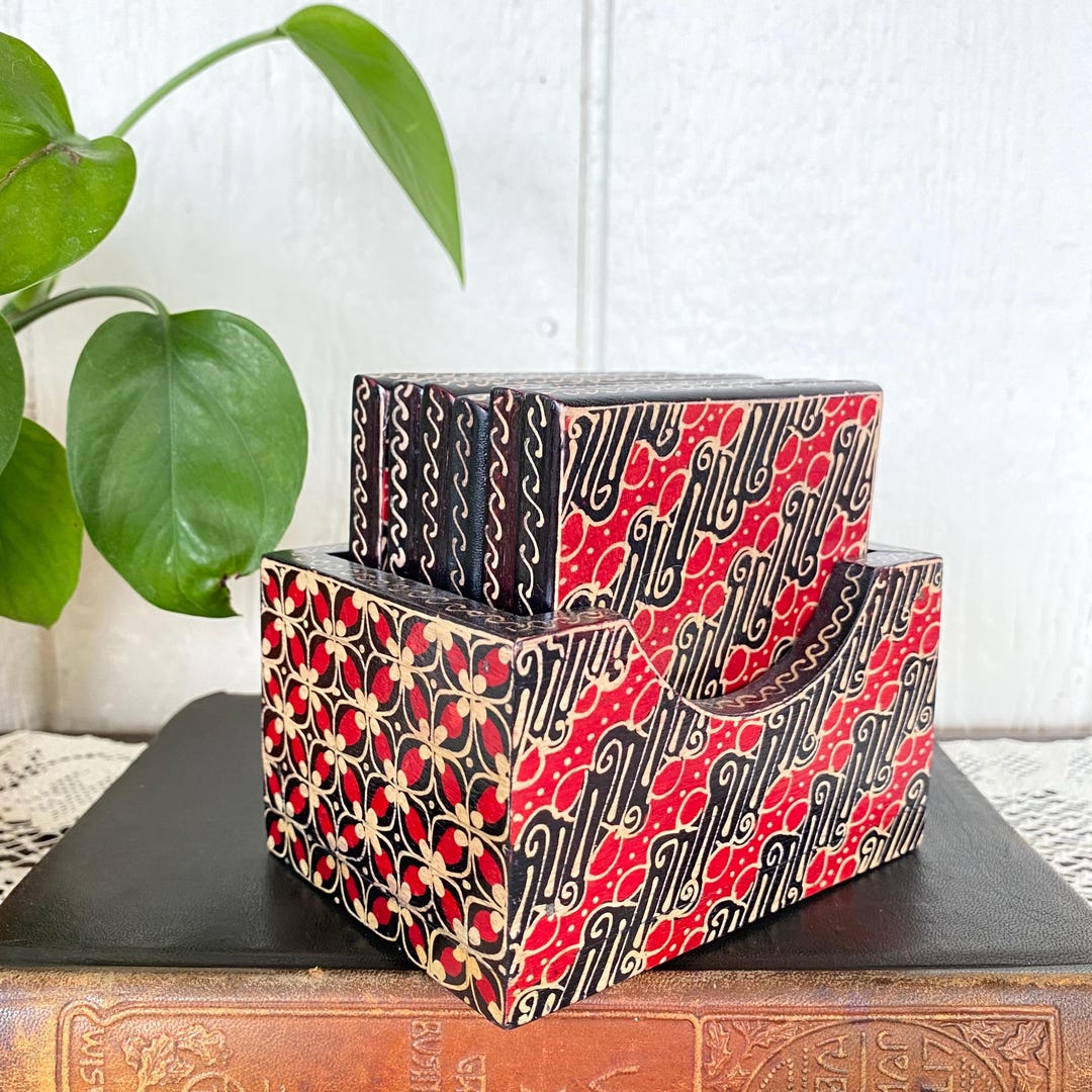 Vintage Batik Wooden Coasters in Case | Handpaintef Folk Art Coasters ...