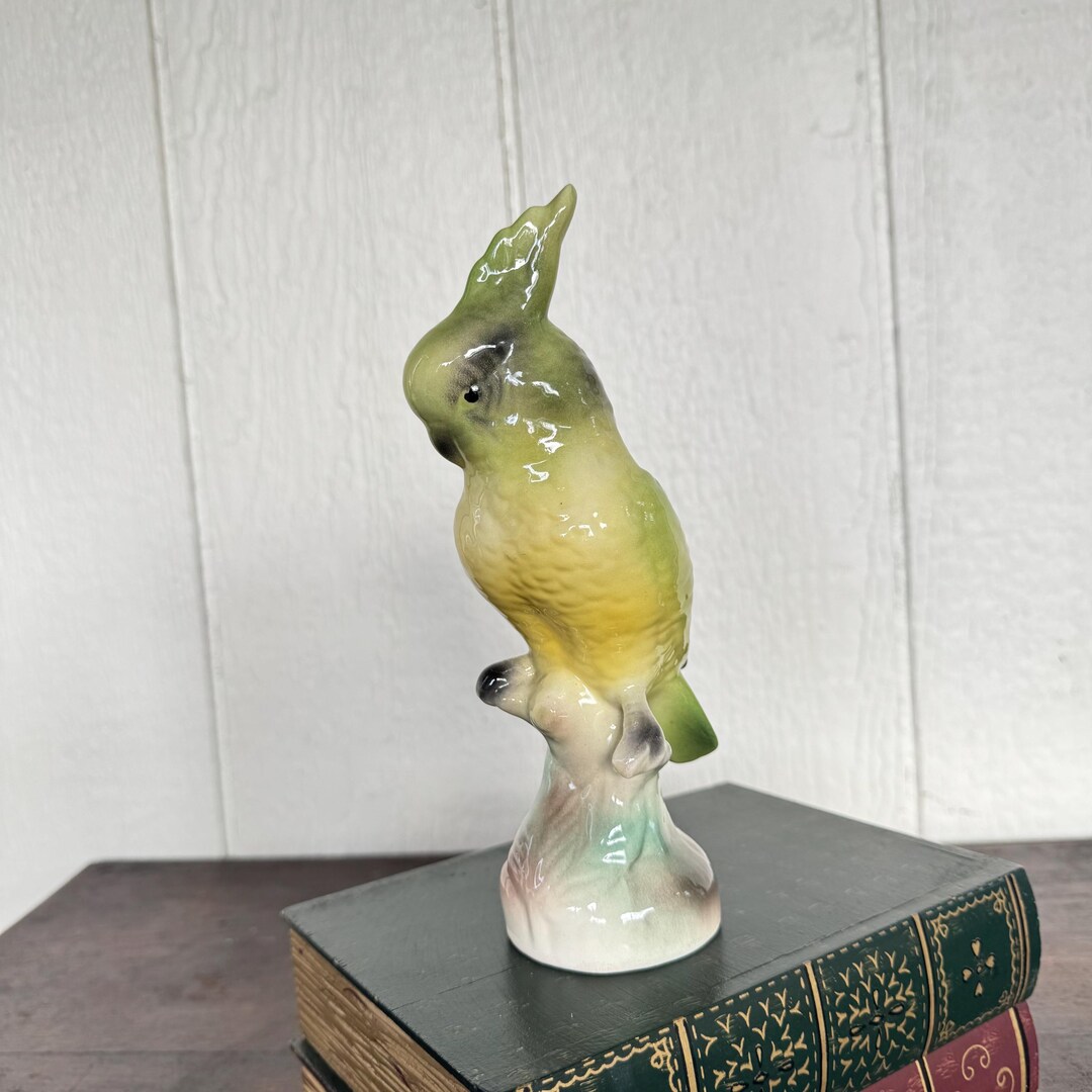 Vintage Ceramic Cockatoo Figurine, Yellow Green Parrot Bird Statue, Mid ...