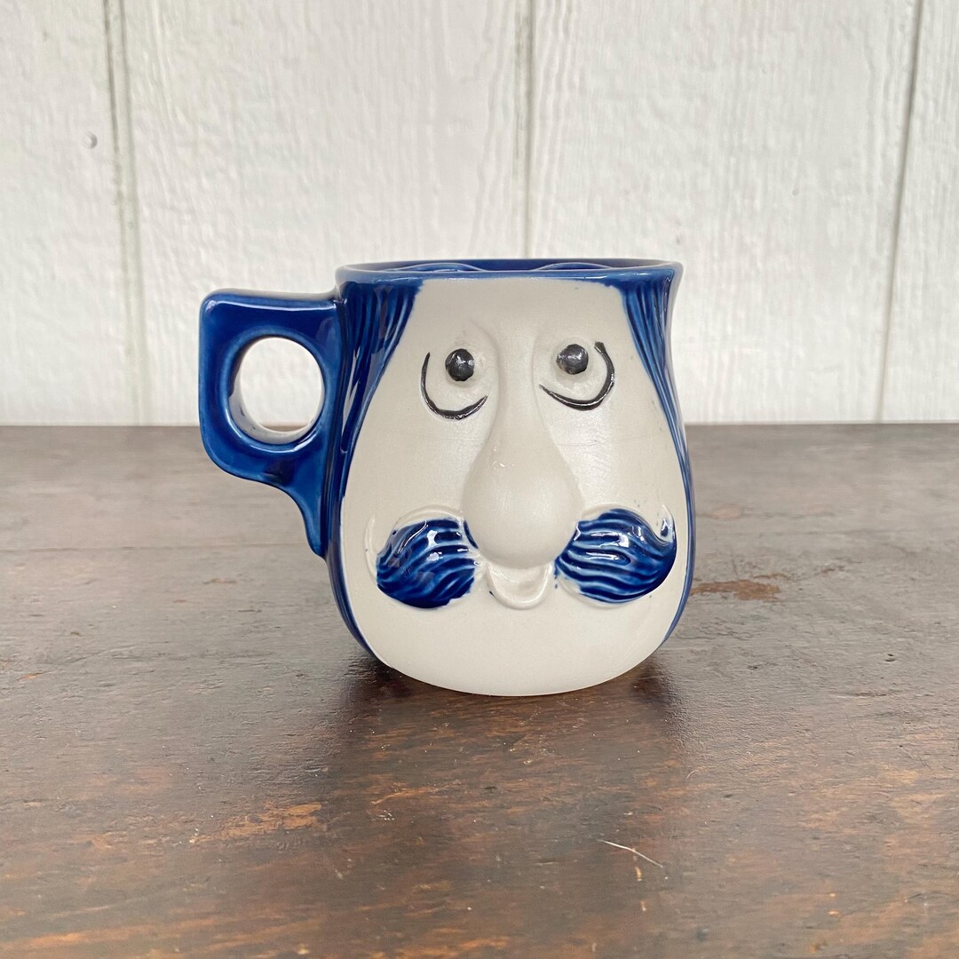 Vintage 1970s Mustache Man Mug, Cobalt Blue Ceramic Face Art Pottery ...
