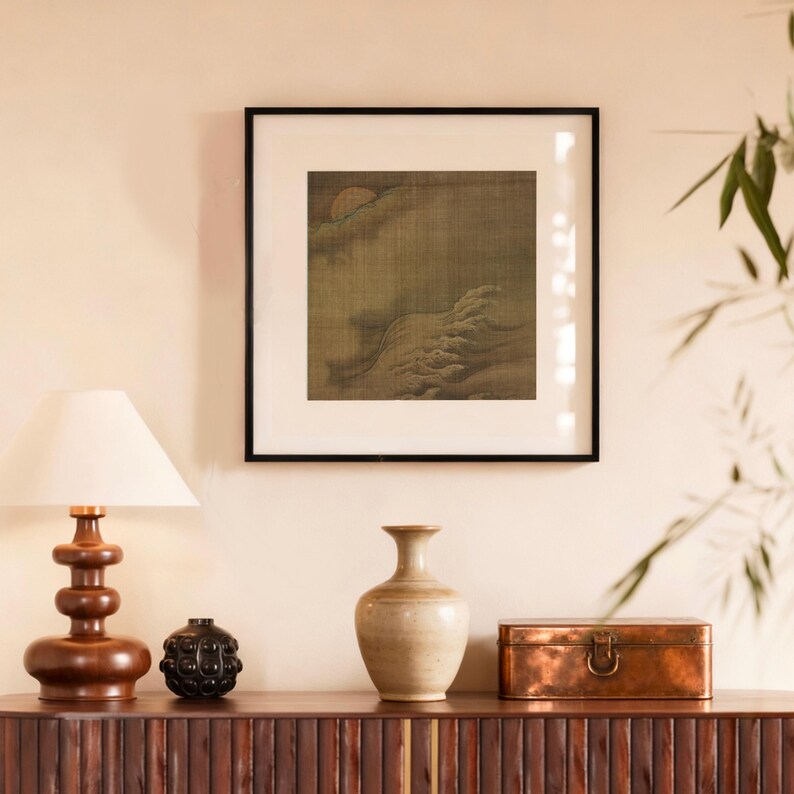 Ink Wash Wave Moon Painting, Chinese Seascape Art, Ocean Waves ...