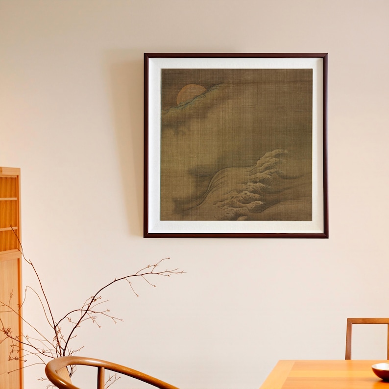 Ink Wash Wave Moon Painting, Chinese Seascape Art, Ocean Waves ...