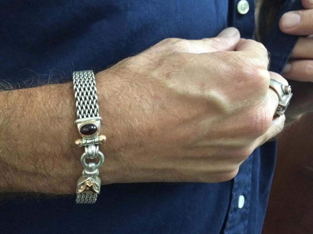 Unique Silver Bracelet, Artisan Jewelry, Men Silver Bracelet, Garnet ...